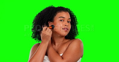 Face, green screen and woman with beauty, cotton pad and skincare ...