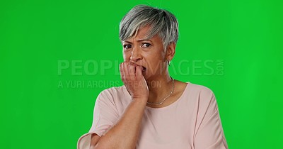 Green screen, bite nails and senior woman with scared, fear and worry ...