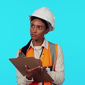 Construction worker, planning and a woman with paperwork for ...
