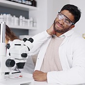 Neck pain, burnout and scientist in laboratory, exhausted fatigue and ...