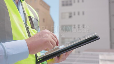 Hands, tablet and typing, architect and man in construction with ...