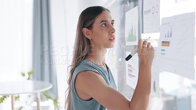 Chart, graph and woman writing, planning and creative problem solving ...