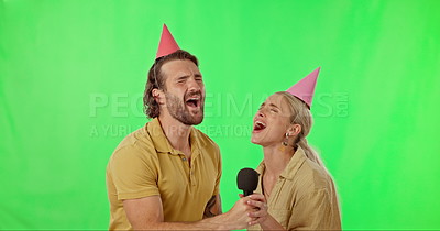 Green screen, birthday and friends singing karaoke for a birthday ...