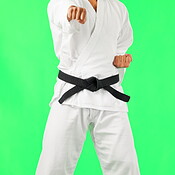 Portrait, karate and screaming with a man on a green screen background ...