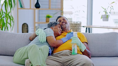 Home cleaning, hug or happy elderly couple cuddle on living room couch ...