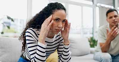 Couple, separation and conflict on sofa from disagreement fight or ...