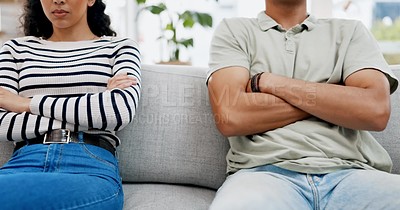 Couple, separation and conflict on sofa from disagreement fight or ...