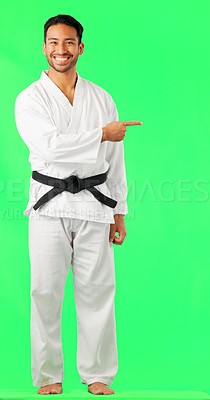 Portrait, karate and shouting with a man on a green screen background ...