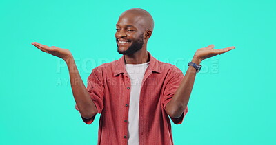 Thumbs down, face and hands of black man for no, dislike or rejection ...