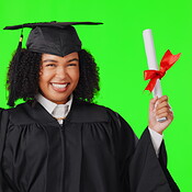 Graduation cap, green screen and woman face isolated on studio ...