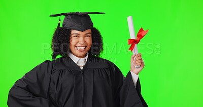 Graduation cap, green screen and woman face isolated on studio ...