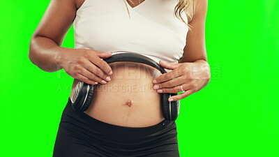 Studio, face or pregnant stomach with happy woman on green screen for ...
