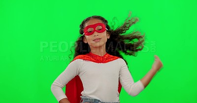 Girl kid, superhero and green screen with mask, strong and justice with ...