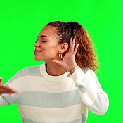 Woman, hearing problem and speak loud hand sign with green screen and ...