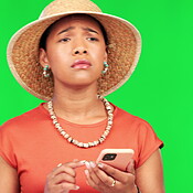 Scared woman, green screen or phone with network problem to travel ...