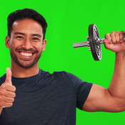 Fitness, thumbs up and dumbbell with man on green screen for success ...
