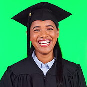 Graduation, face and happiness with education on green screen, cap and ...