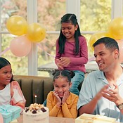 Birthday cake sparkler, party applause and happy kids, friends or ...