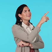 Face, business woman or pointing to choice, advertising checklist or information on blue ...