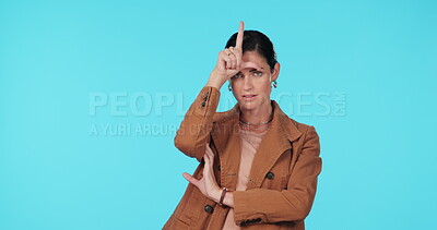 Business woman, loser and hand sign on head while upset about problems ...