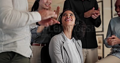 Call center, clapping and people winning, success and celebration on ...