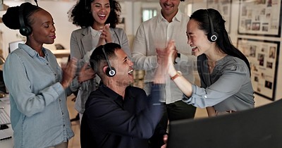 Call center, clapping and people winning, success and celebration on ...