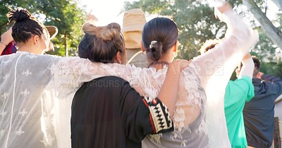 Music festival, hug and face of friends at party for dancing ...