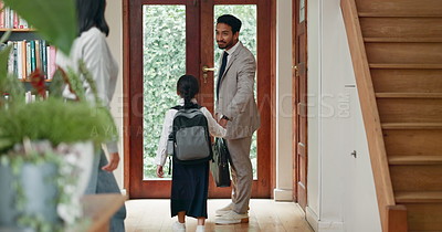 Children, goodbye and parents with a girl leaving her home, back to ...