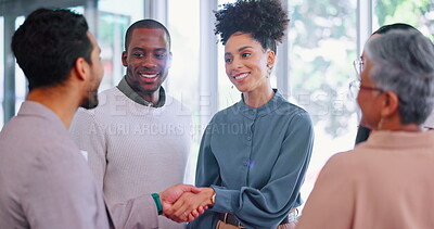 Handshake, introduction and business people meeting in a corporate ...