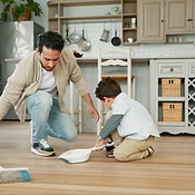 Cleaning, help and broom with father and son for dust, sweeping and ...