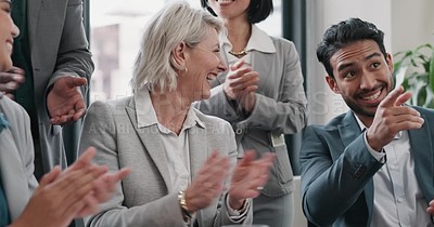 Business people, hands and applause for conference, success and ...