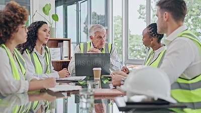 Engineer, meeting and office team conversation, cooperation or planning ...