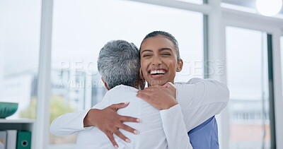 Nurse, doctor and happy woman hug in hospital for teamwork, celebration ...