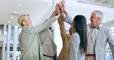 Business people, high five and teamwork, support or collaboration for goals, success and ...