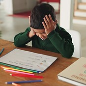 Home, stress and child with homework for education, school and learning ...