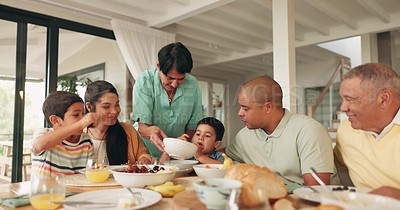 Family, eating together and generations, happiness and people at home ...