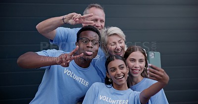 Selfie, peace sign and volunteer group, happy people or non profit ...