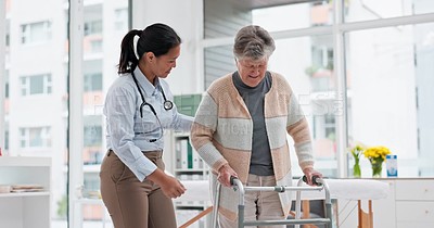 Rehabilitation, walker or doctor nursing old woman in retirement or ...