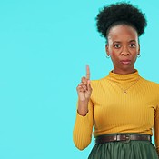 Angry, danger and woman with rejection gesture in studio for warning ...