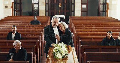 Funeral, church and couple hug by coffin for goodbye, mourning and ...