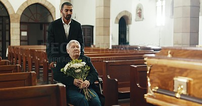 Senior woman, flowers and church for funeral with wheelchair, man and ...