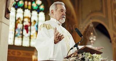 Religion, priest and man in church for faith, heaven and gospel sermon ...