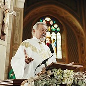Religion, priest and man preaching in church for sermon, heaven and ...