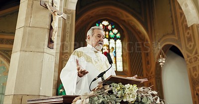 Religion, priest and man preaching in church for sermon, heaven and ...