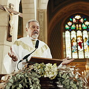 Faith, priest and man preaching in church on podium for support, trust ...
