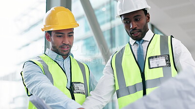 Architecture, people and blueprint planning, teamwork or thinking of ...