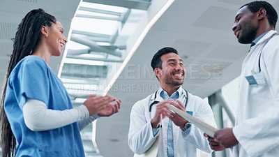 Doctors, nurses and high five, success and applause in teamwork, healthcare mission or hospital ...