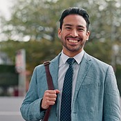 Smile, portrait and businessman outside office excited for first day at ...