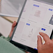 Tablet, screen and online shopping, hand and scroll store website with ...