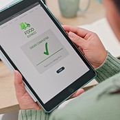 Work, app and a tablet with hands for lunch, ordering food and easy ...